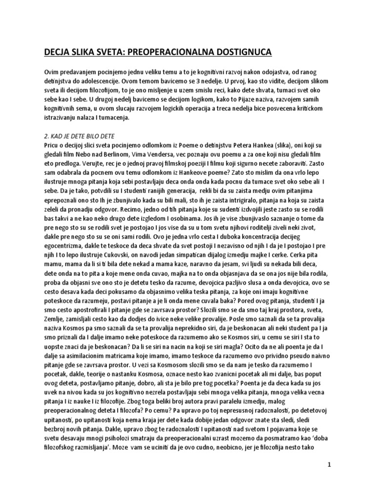 Decija Slika Sveta-Preoperacionalna Dostignuca | PDF