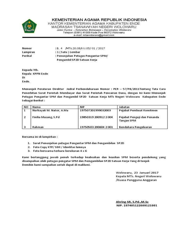 Surat Penunjukan Petugas SPM SP2D 2017 | PDF