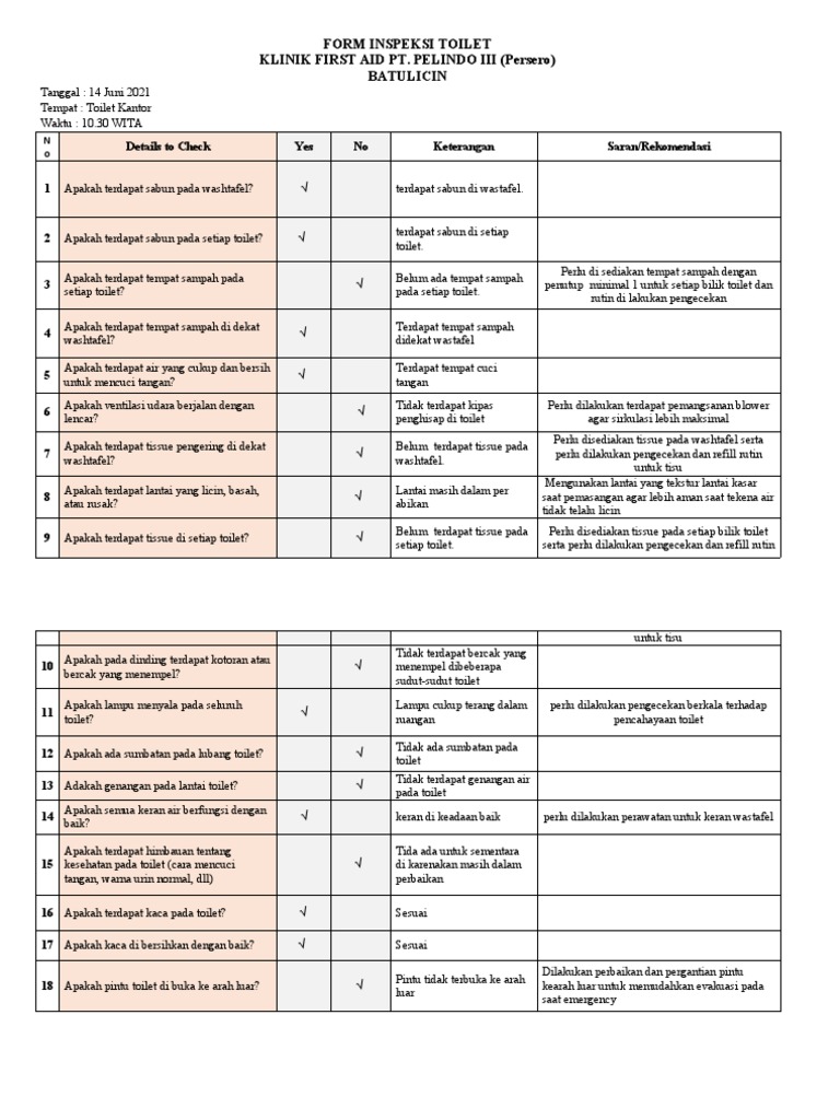 FORM INSPEKSI TOILET Batulicin | PDF