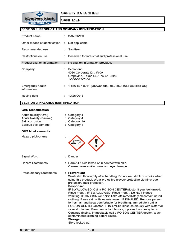 Safety Data Sheet Sanitizer: Section 1. Product and Company ...