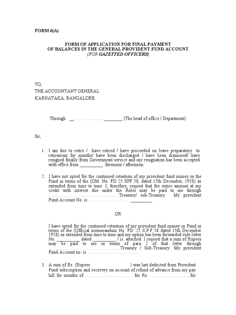 FORM 6 (A) Form of Application For Final Payment of Balances in The ...