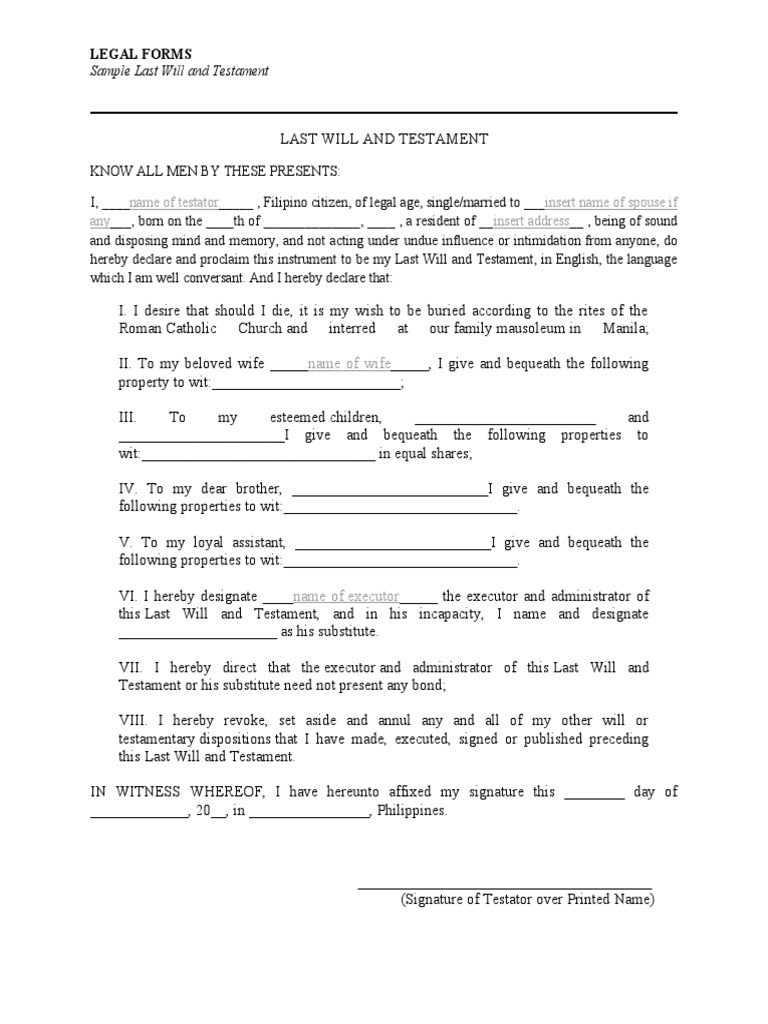 Last Will and Testament Sample | PDF | Legal Aspects Of Death | Will ...