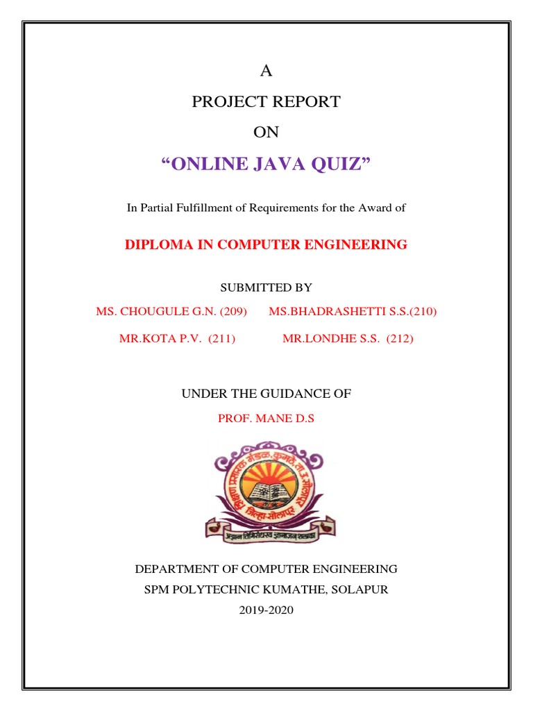 Online Java Quiz Certificate of Project Report 2019-20 | PDF | Test ...