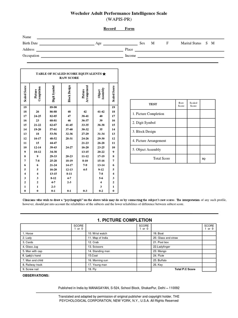 Wechsler Adult Performance Intelligence Scale | PDF | Intelligence ...