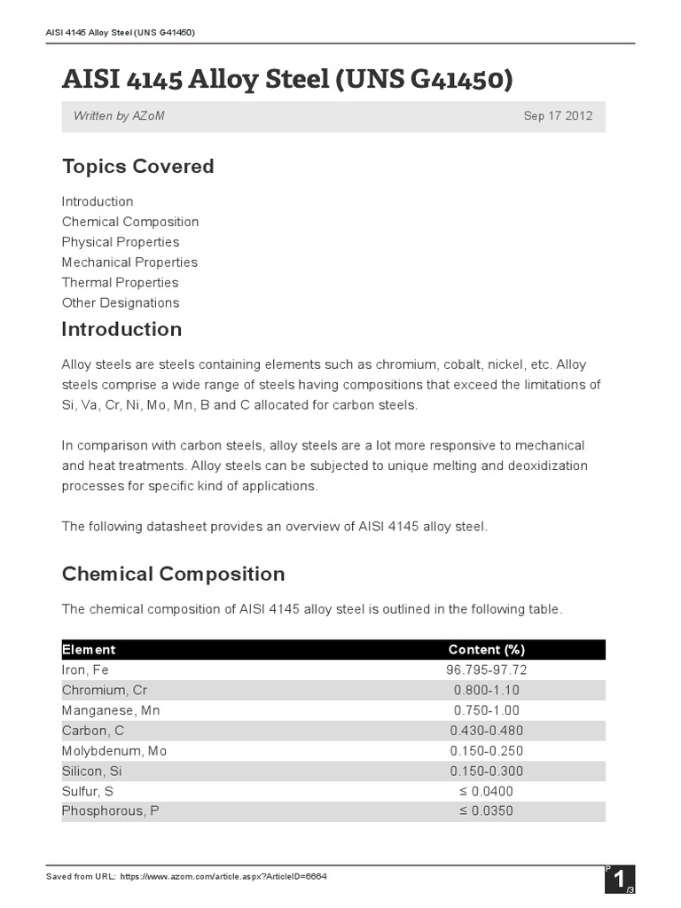 AI I 4145 Allo Teel (UN G41450) : Topics Covered | PDF | Steel | Alloy