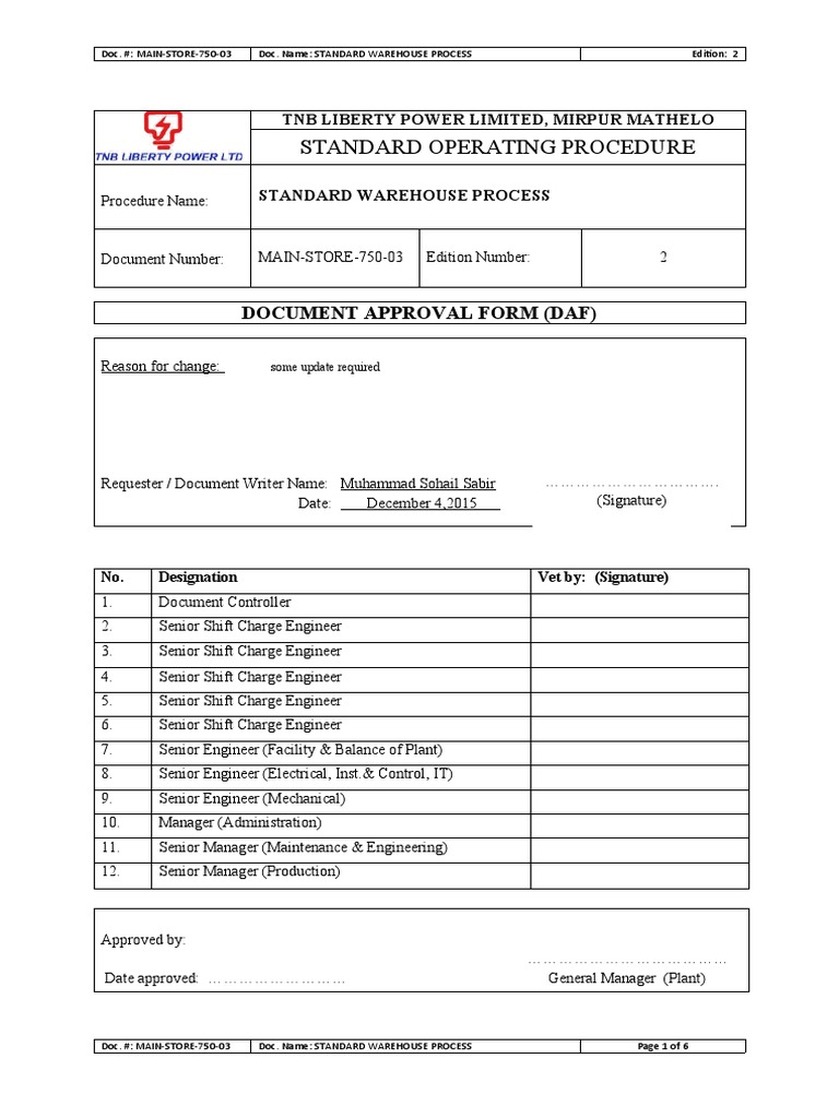 Standard Procedures for Warehouse Operations at TNB Liberty Power ...