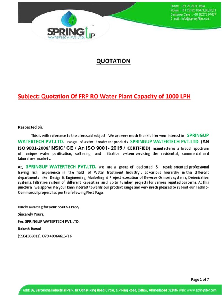 1000 LPH RO Plant Quotation Details | PDF