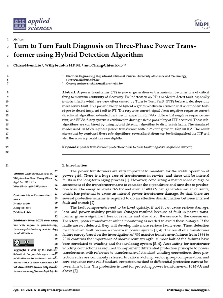 Turn To Turn Fault Diagnosis On Three-Phase Power Transformer Using Hybrid Detection Algorithm ...