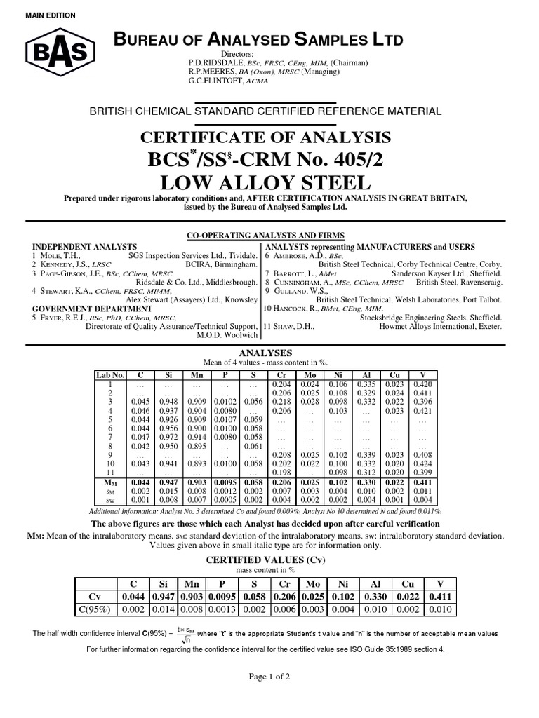 BCS /SS - CRM No. 405/2 Low Alloy Steel: B A S L | PDF | Chemical ...