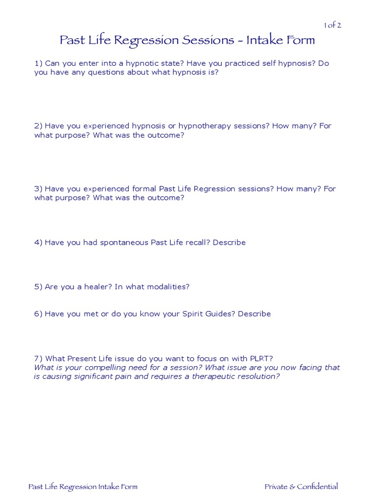 Past Life Regression Sessions - Intake Form | PDF