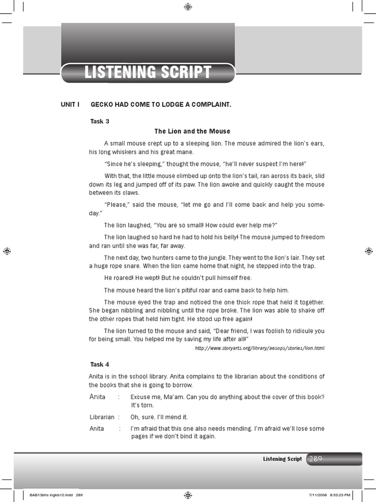 Listening Script: Unit I Gecko Had Come To Lodge A Complaint | PDF ...