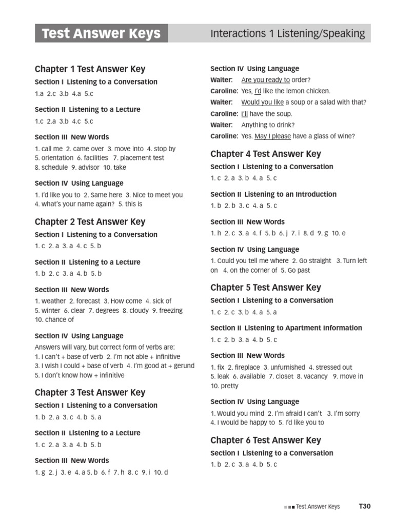Test Answer Keys: Interactions 1 Listening/Speaking | PDF | Salad | Smoking