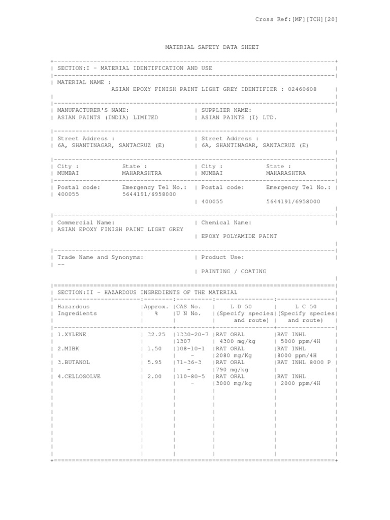 Asian Epoxy Finish Paint MSDS | PDF | Safety | Occupational Safety And ...