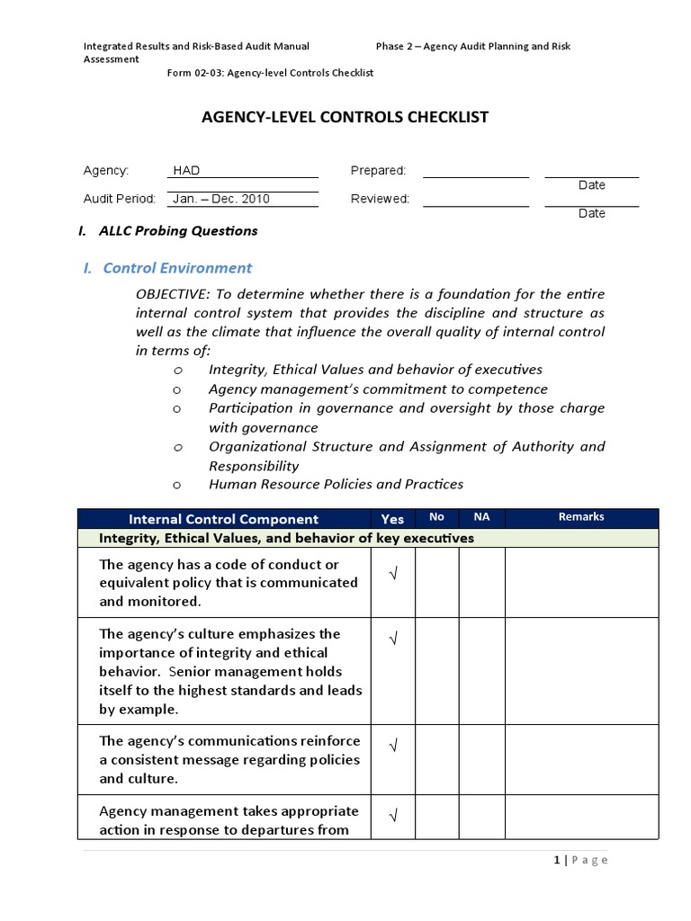 Solution 3.2. Agency Levels Control Checklist | PDF | Internal Control ...