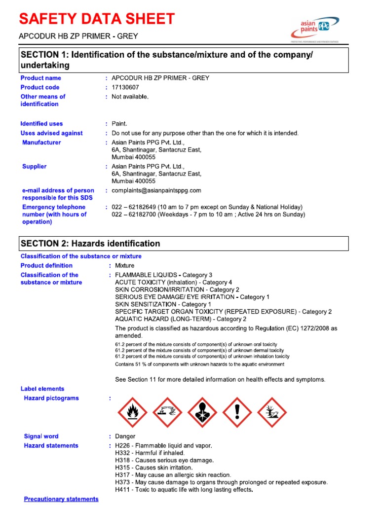 Msds 1713 - Apcodur HB ZP Grey | PDF