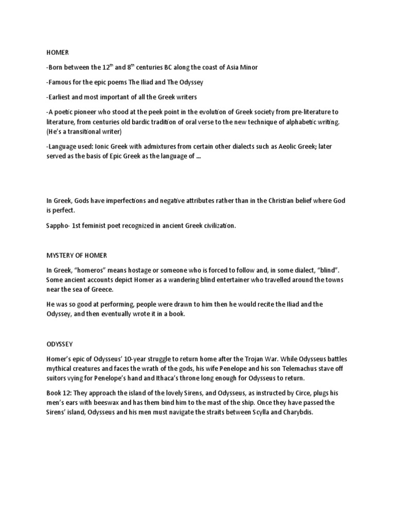Homer - Lit1 Notes | PDF | Classics | General Fiction