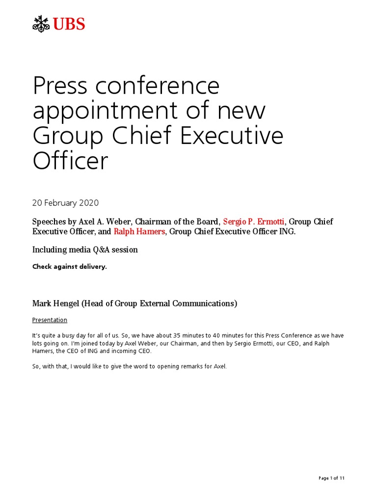Ubs Press Conference Transcript Appointment of New Gceo | PDF | Ubs ...