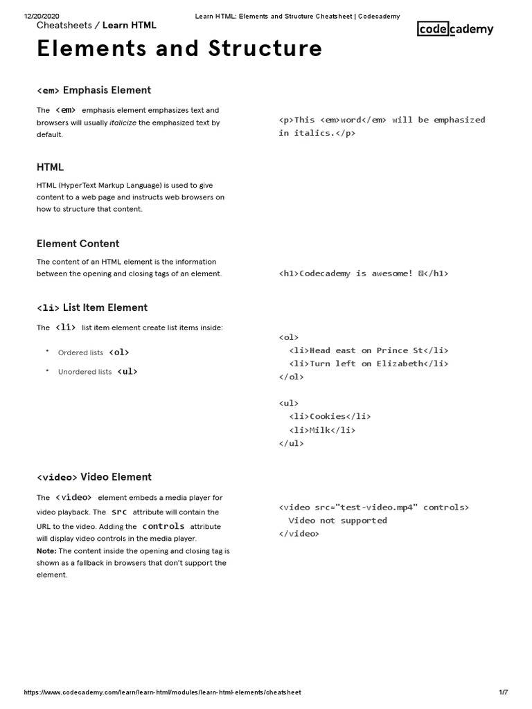 HTML - Elements and Structure Cheatsheet | PDF | Html Element | Html