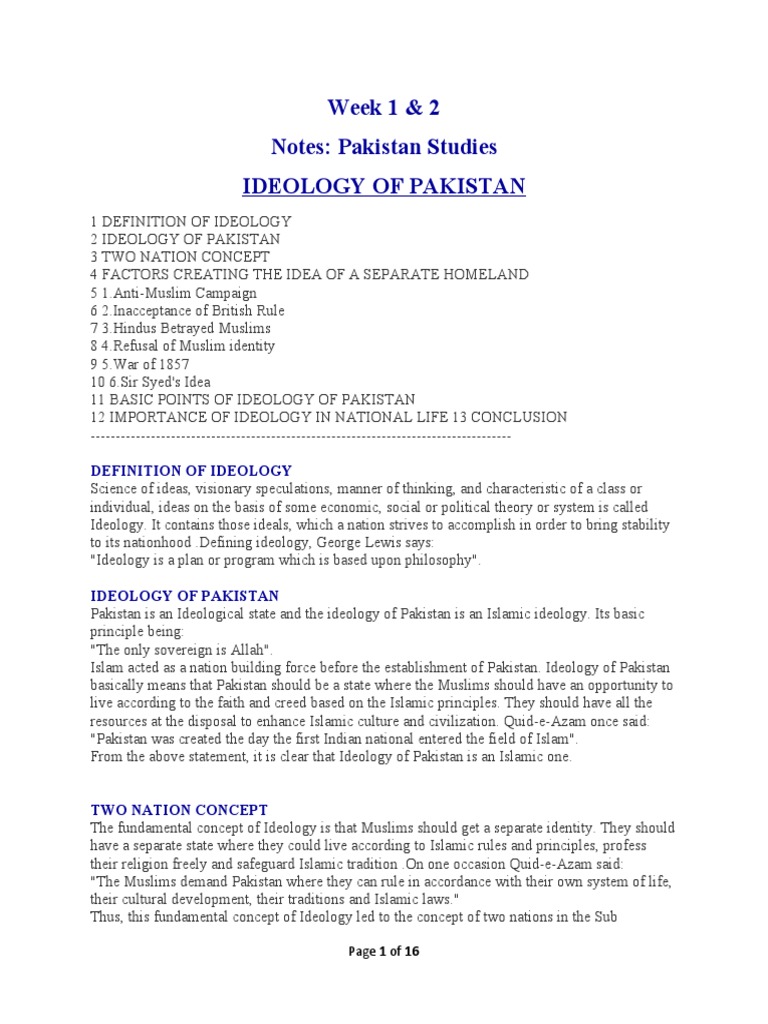 Week 1-2 - Notes Ideology of Pakistan | PDF | Muhammad Ali Jinnah ...