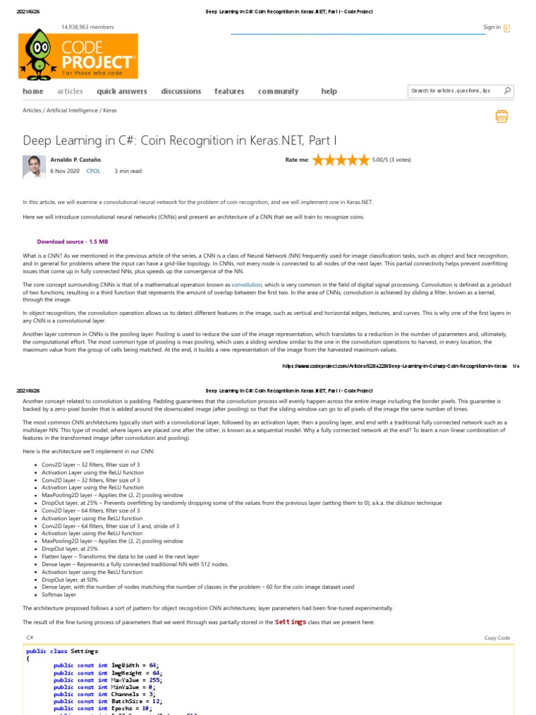 Deep Learning in C# - Coin Recognition in Keras - NET, Part I - CodeProject | PDF | Deep ...