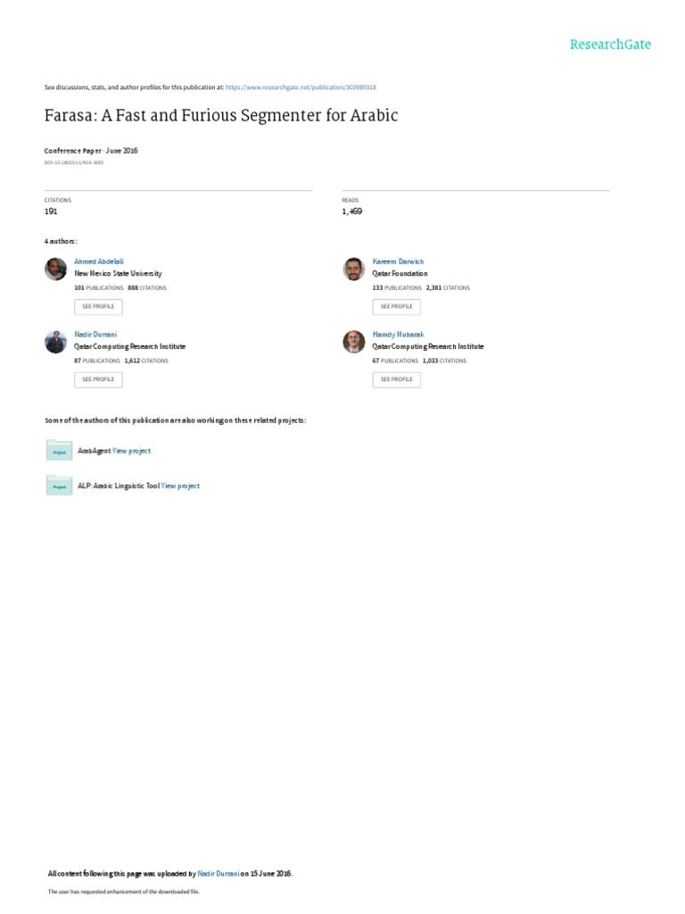 Farasa: A Fast and Furious Segmenter For Arabic: June 2016 | PDF | Accuracy And Precision ...