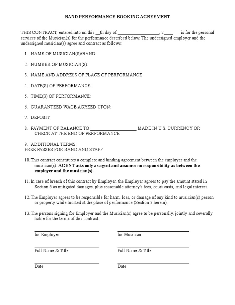 Band Performance Booking Agreement | PDF
