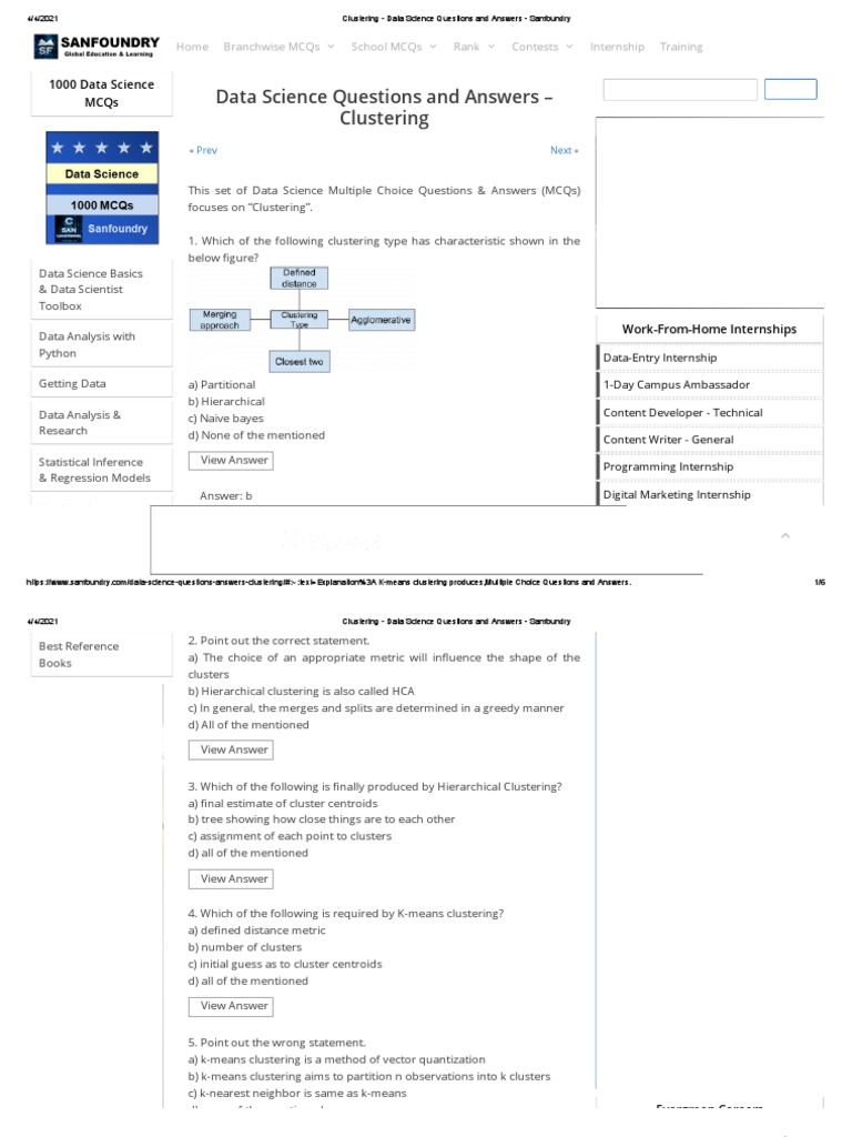 Data Science Questions And Answers Clustering Download Free Pdf Cluster Analysis Data Mining