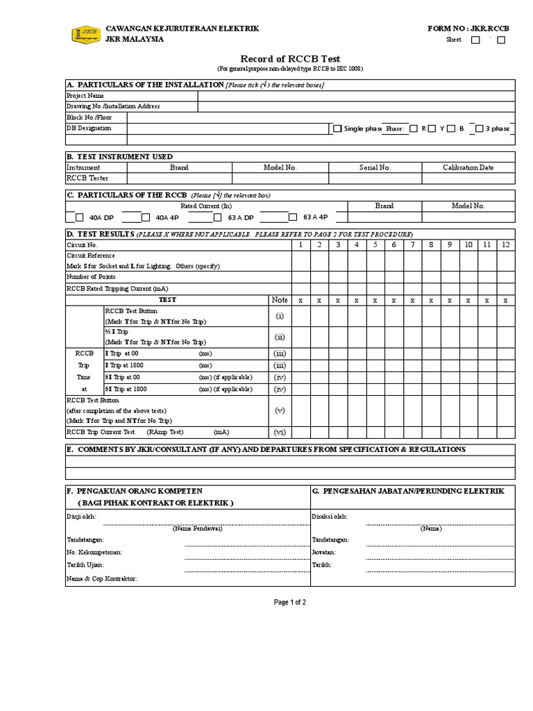 Dokumen - Tips Form Testing JKRRCCB Rev 1 | PDF | Electrical ...