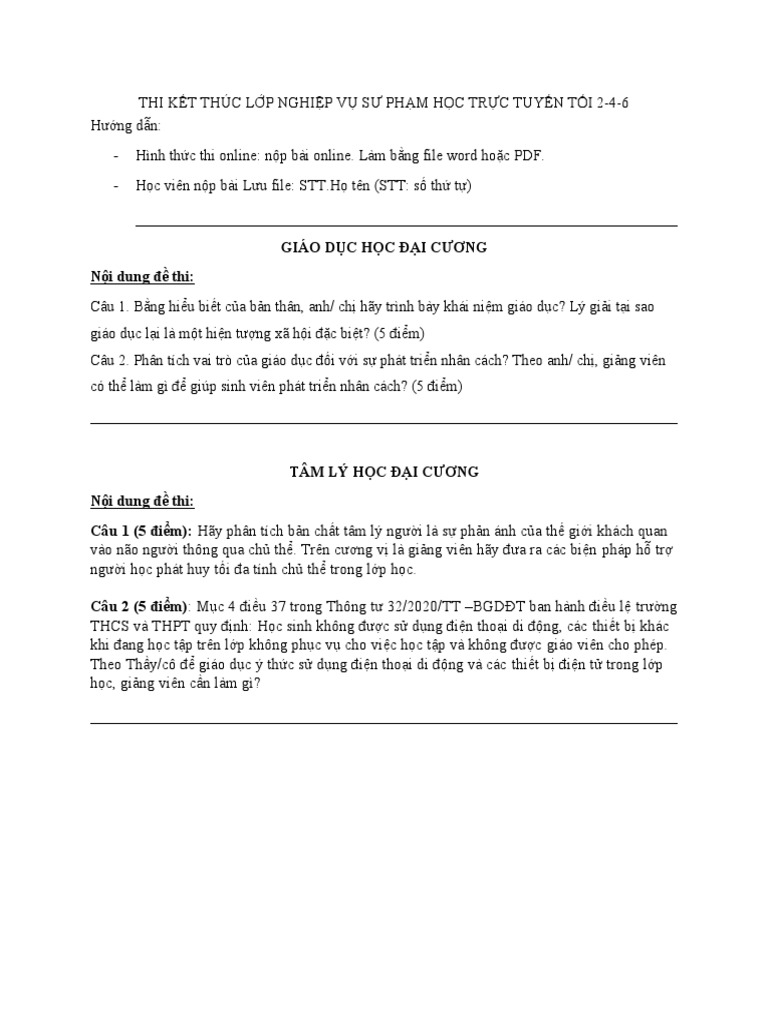 Đề thi.NVSP GV.online 2,4,6 (10 môn) | PDF