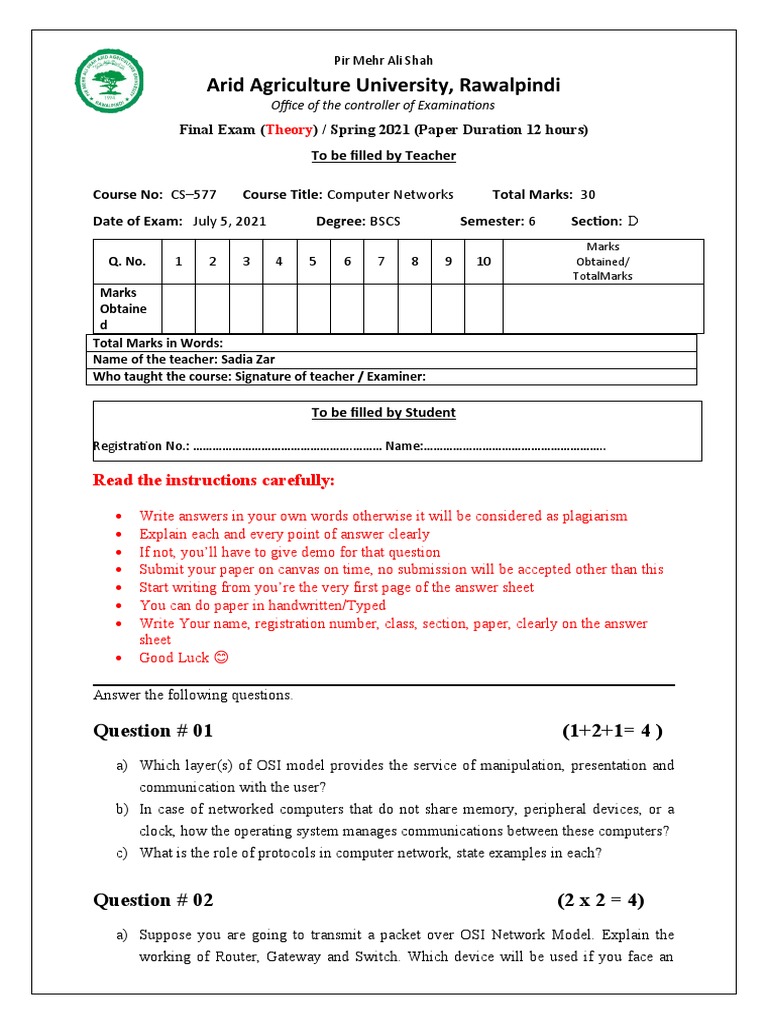 Computer Networks Final Exam 2021 | PDF | Internet Protocols | Network ...