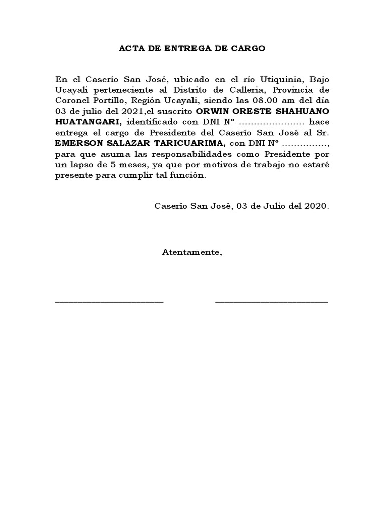 Acta de Entrega de Cargo | PDF