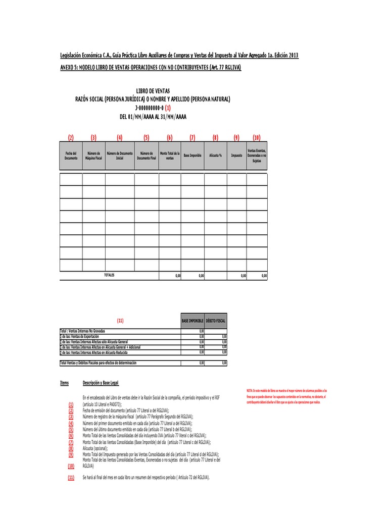 Anexo 5 Modelo Libro de Venta Articulo 77 Del Rgto Ley Del IVA | PDF | Pagos | Impuestos