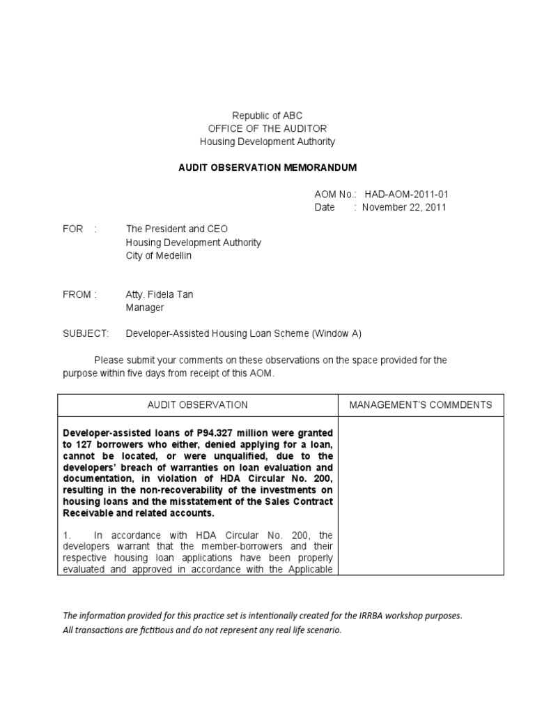 Solution - 9.1 - Audit Observation Memo On Breaches of Warranties | PDF ...