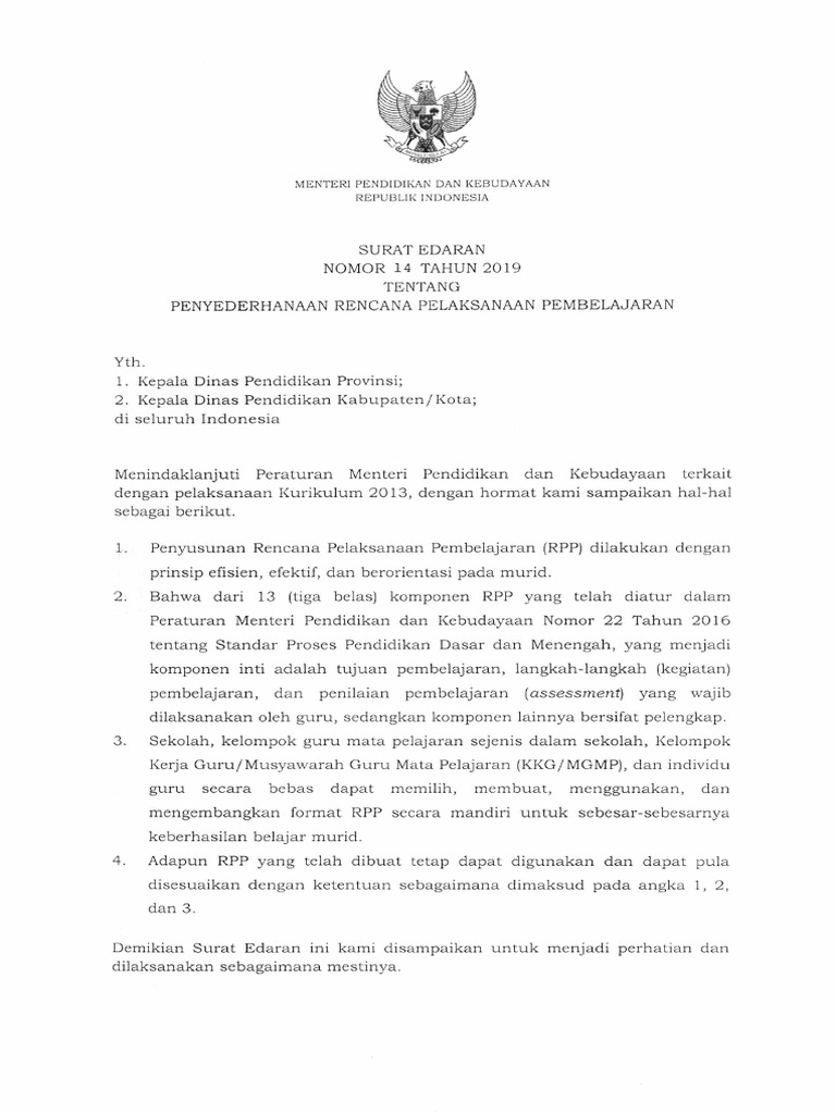 Edaran Mendikbud Nomor 14 Tahun 2019 Tentang Penyerhanaan RPP | PDF