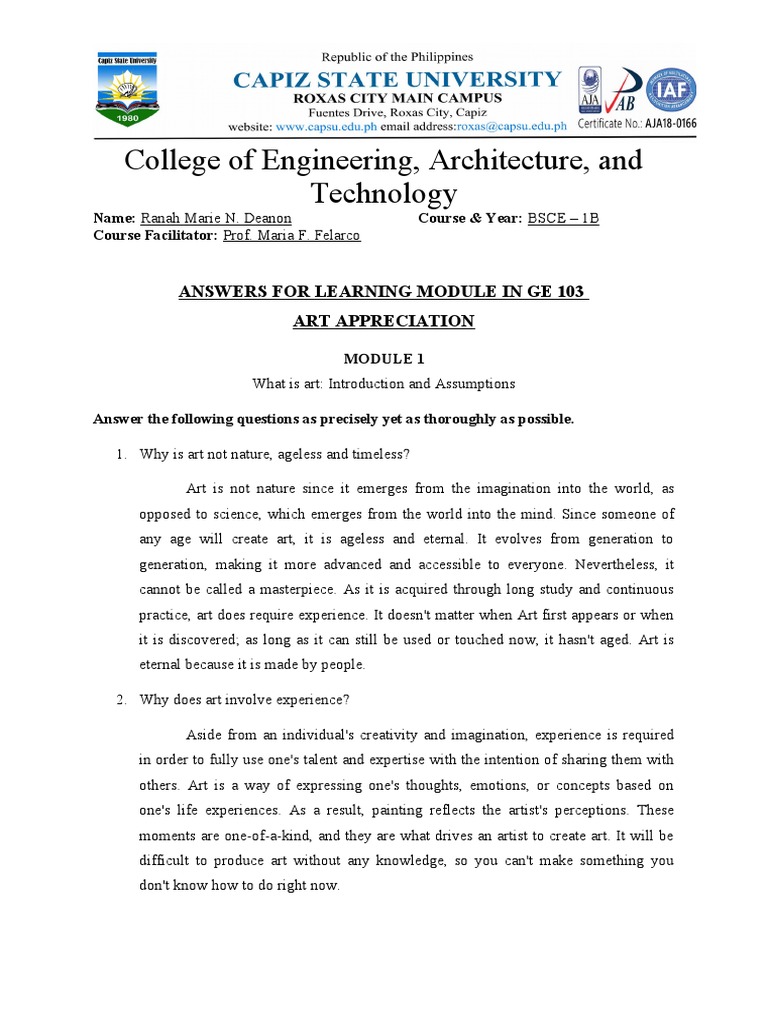 College of Engineering, Architecture, and Technology: Answers For Learning Module in Ge 103 Art ...