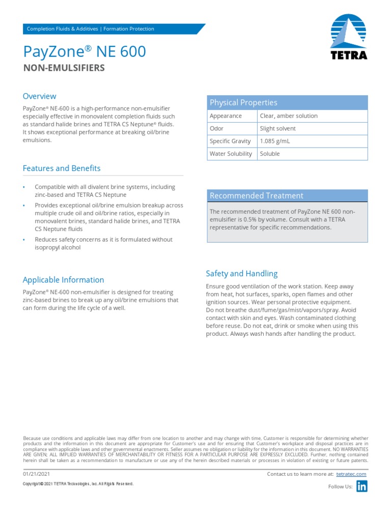 Payzone Ne 600: Non-Emulsifiers | PDF | Emulsion | Solubility