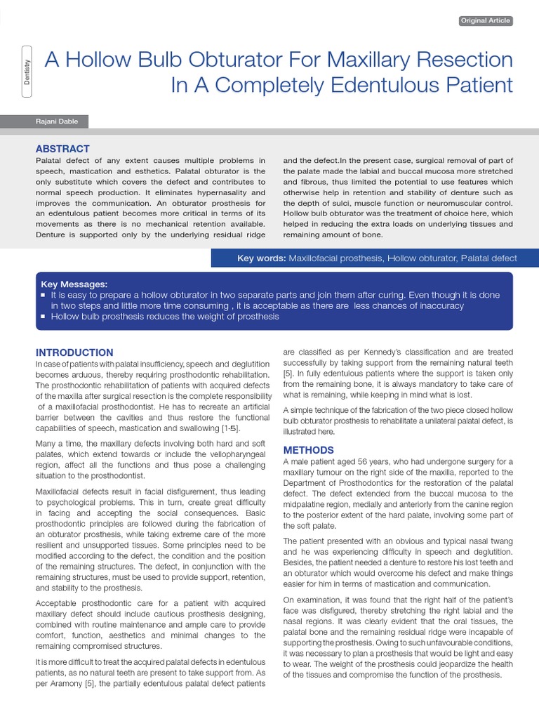 A Hollow Bulb Obturator For Maxillary Resection in A Completely ...
