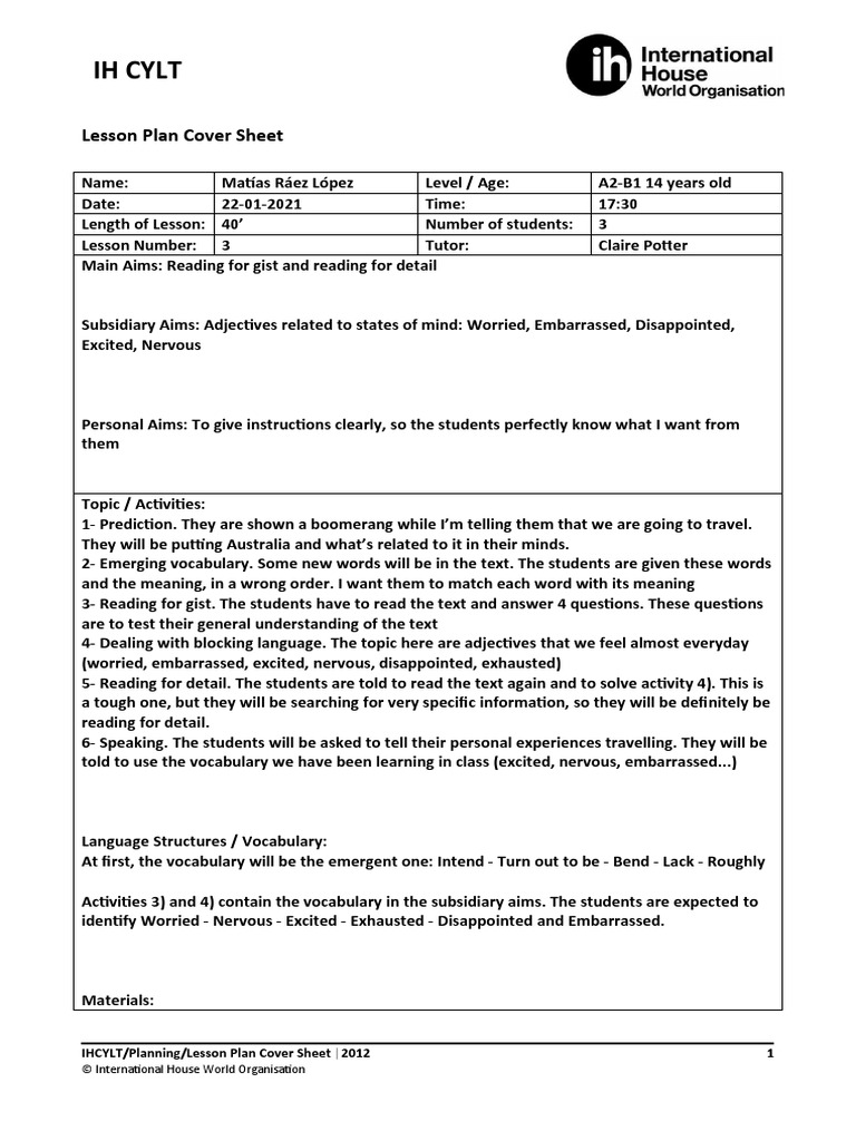 Ih Cylt: Lesson Plan Cover Sheet | PDF | Vocabulary | Lesson Plan