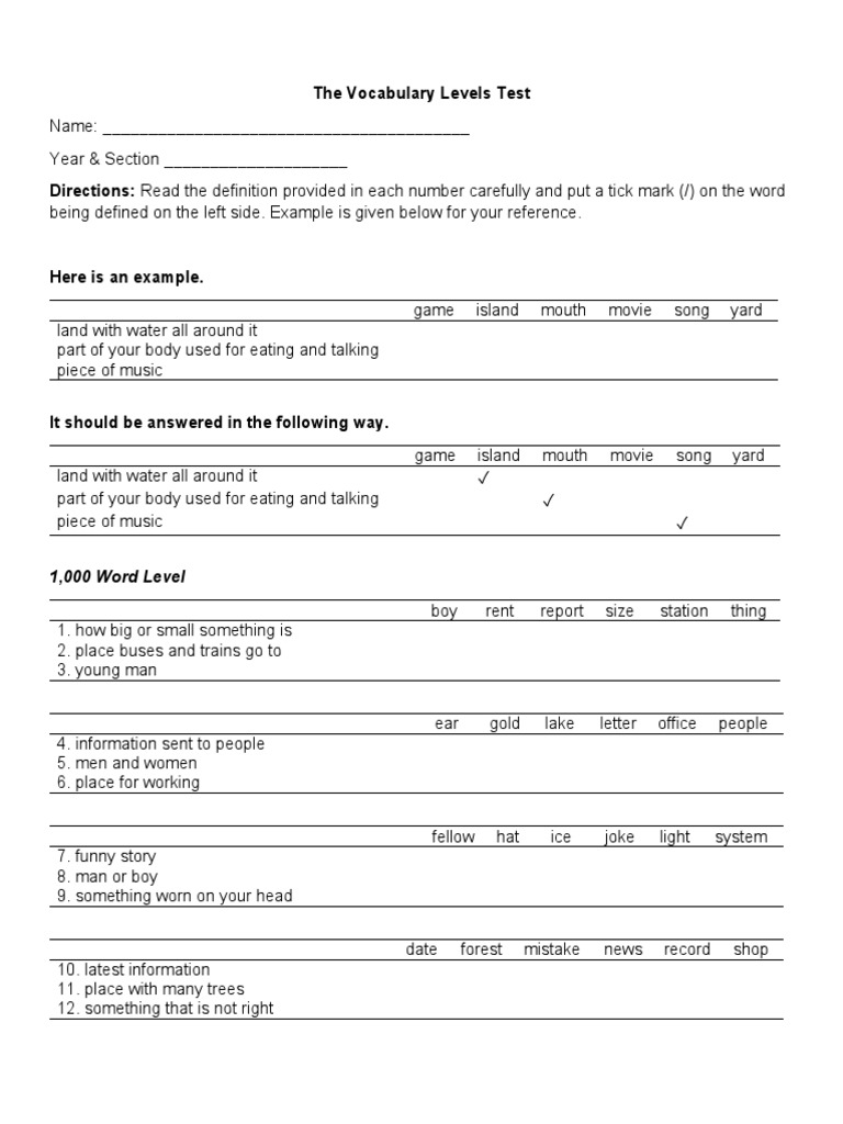 The Vocabulary Levels Test 1 | PDF | Nature