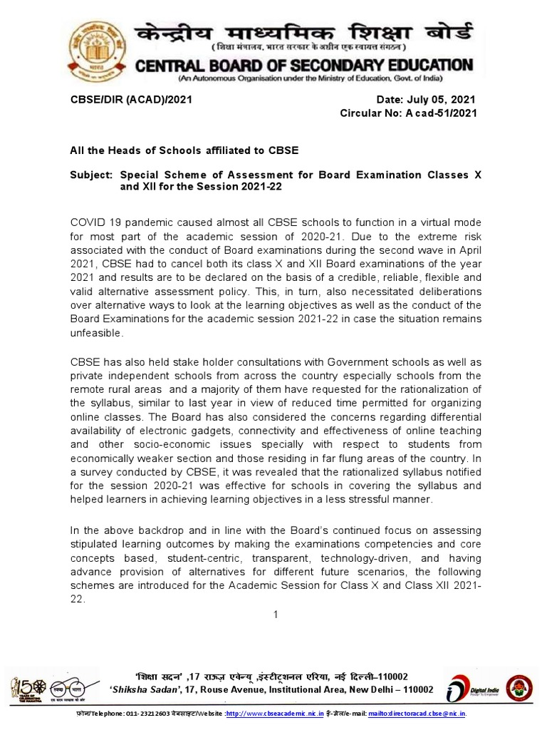 CBSE Circular 2021 | Download Free PDF | Educational Assessment ...