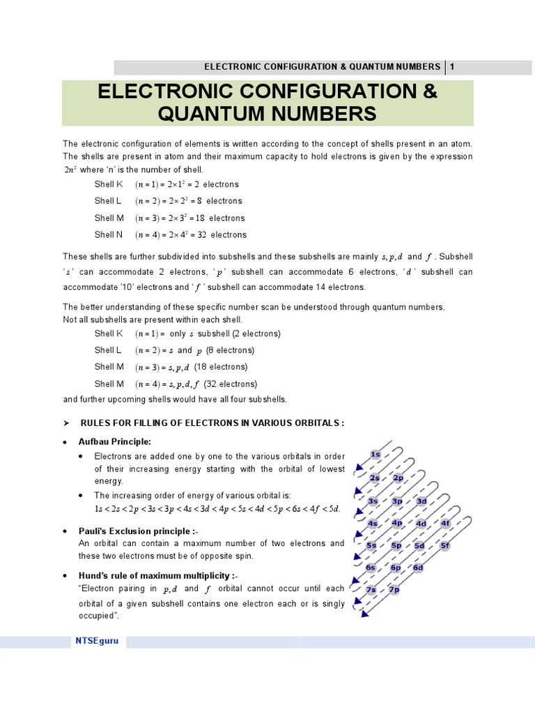 Electronic Configuration & Quantum Numbers 1 | PDF | Electron ...