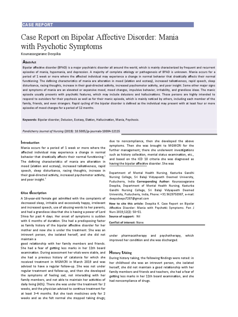 Case Report On Bipolar Affective Disorder: Mania With Psychotic ...
