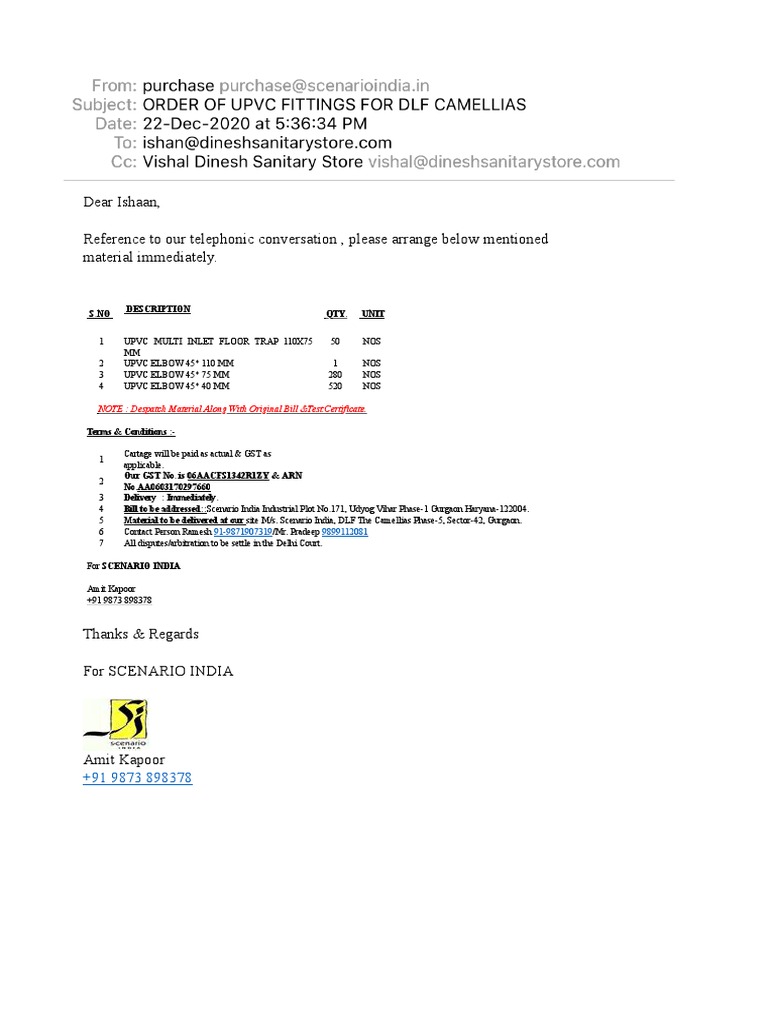 Order of Upvc Fittings For DLF Camellias | PDF