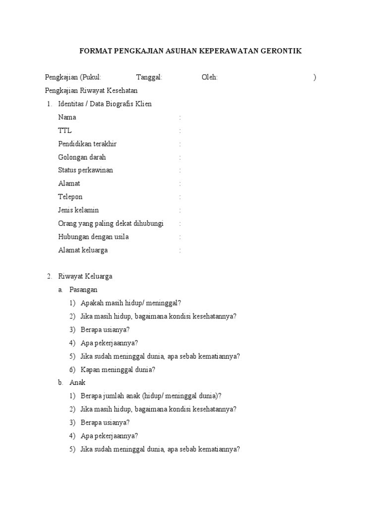 Format Pengkajian Asuhan Keperawatan Gerontik | PDF | Kesehatan Holistik | Gaya Hidup