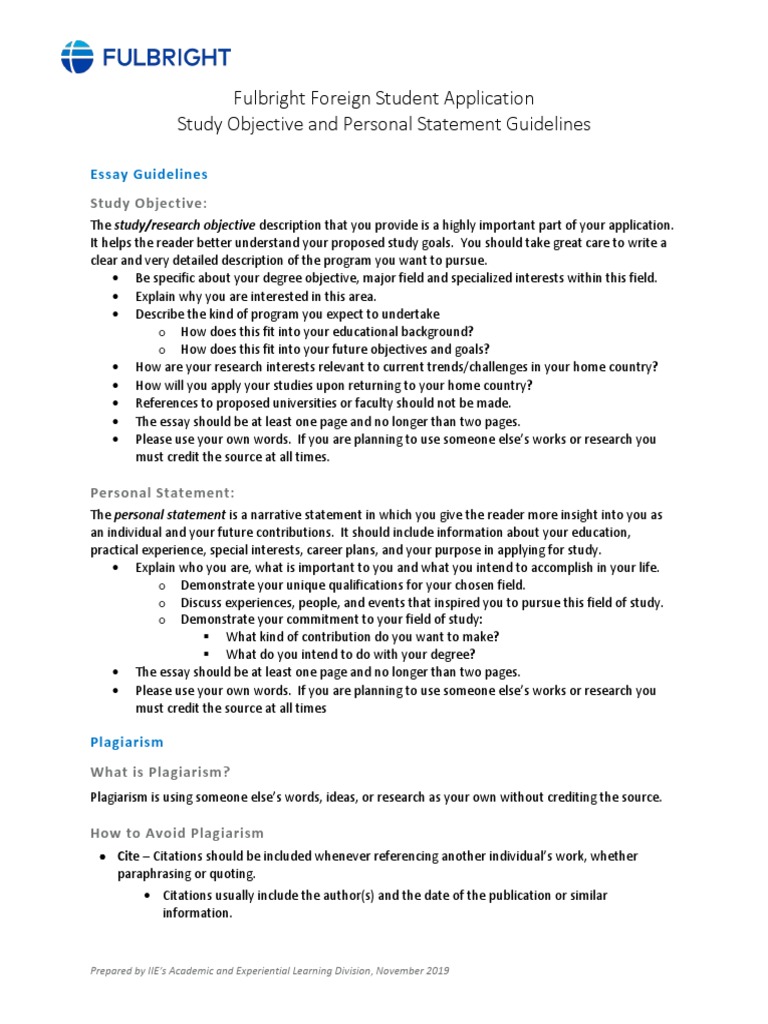 Fulbright Foreign Student Application Study Objective and Personal ...