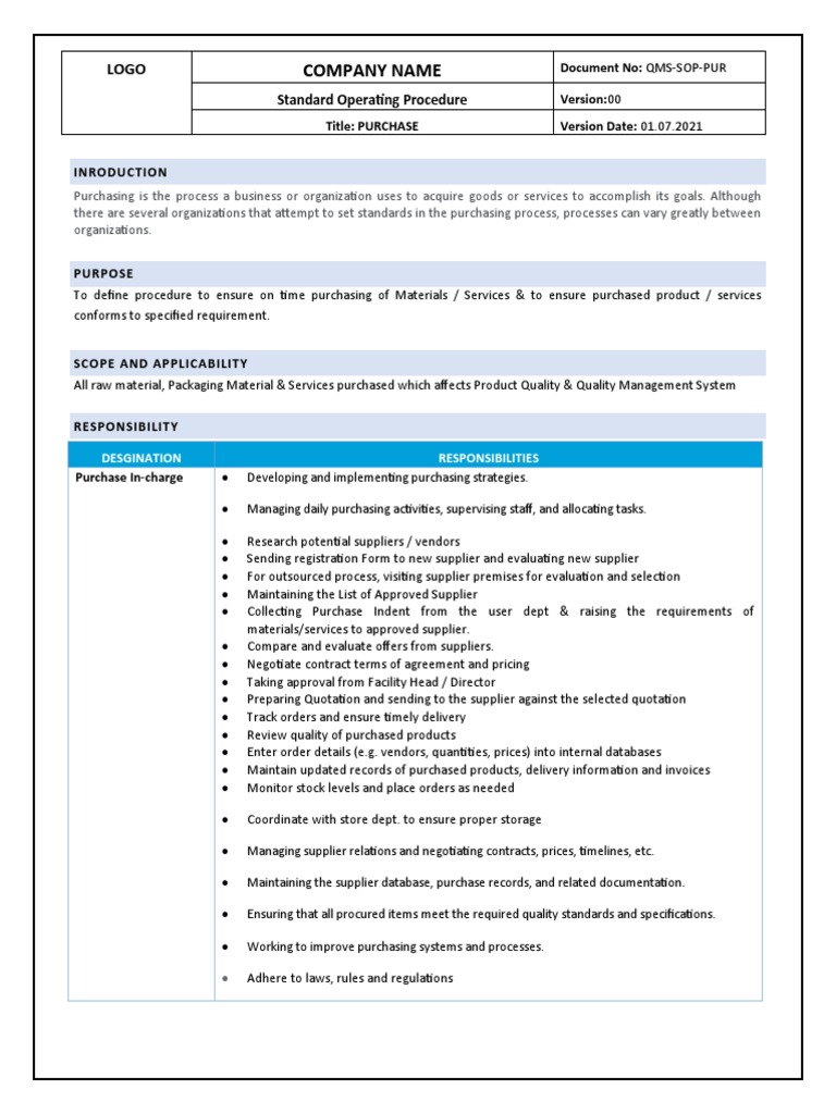 SOP for Purchase Department Procedures | PDF | Business Process | Business