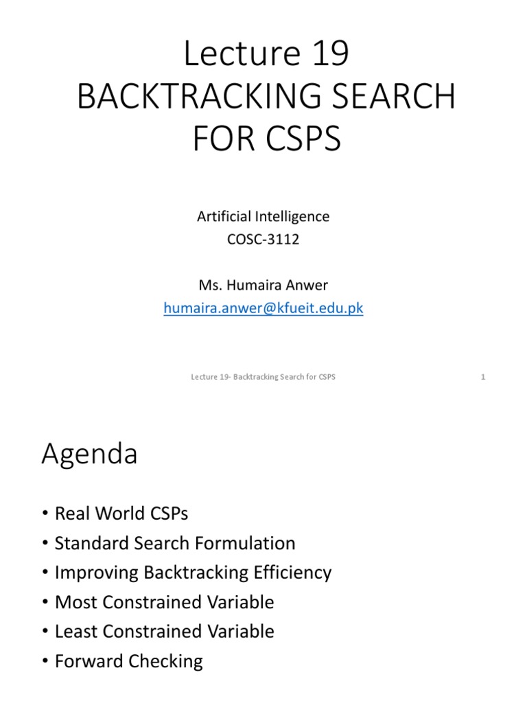 Backtracking Search For Csps Artificial Intelligence Cosc 3112 Ms Humaira Anwer Descargar 