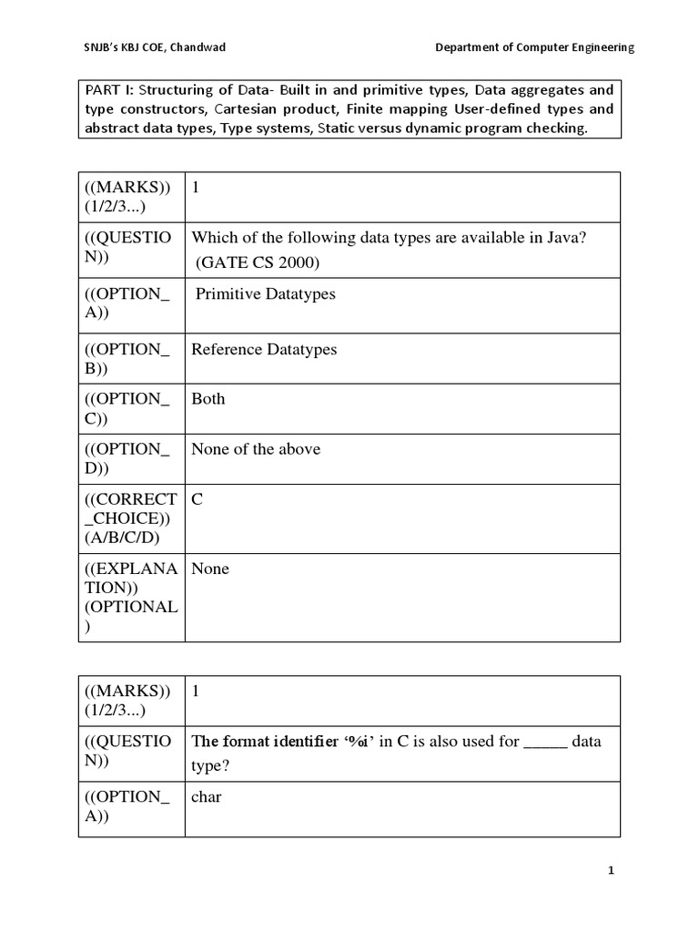 SNJB's KBJ COE, Chandwad Department of Computer Engineering | PDF | Data Type | Integer ...