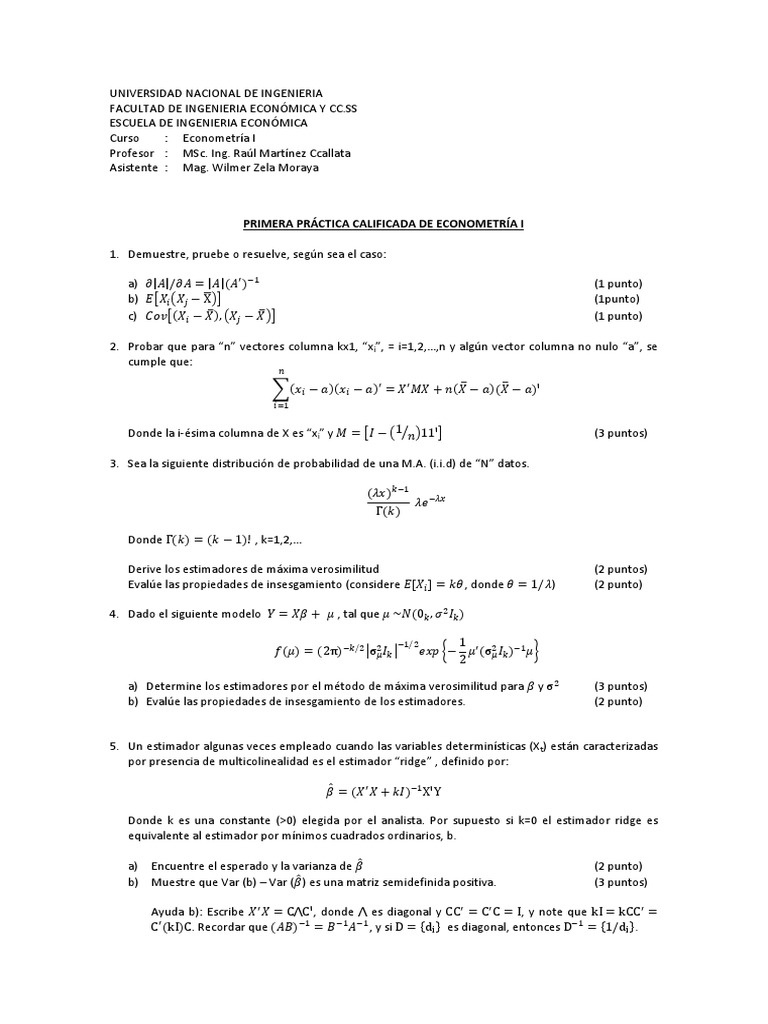 Primera Práctica Calificada de Econometría I | PDF | Mínimos cuadrados ordinarios | Enseñanza de ...
