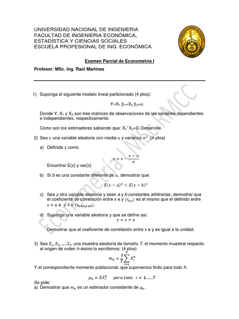 Examen Parcial de Econometría I | PDF | Econometría | Correlación y dependencia